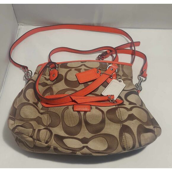 Coach | Bags | Coach Signature Canvas Hobo Bag With Orange Leather Trim ...